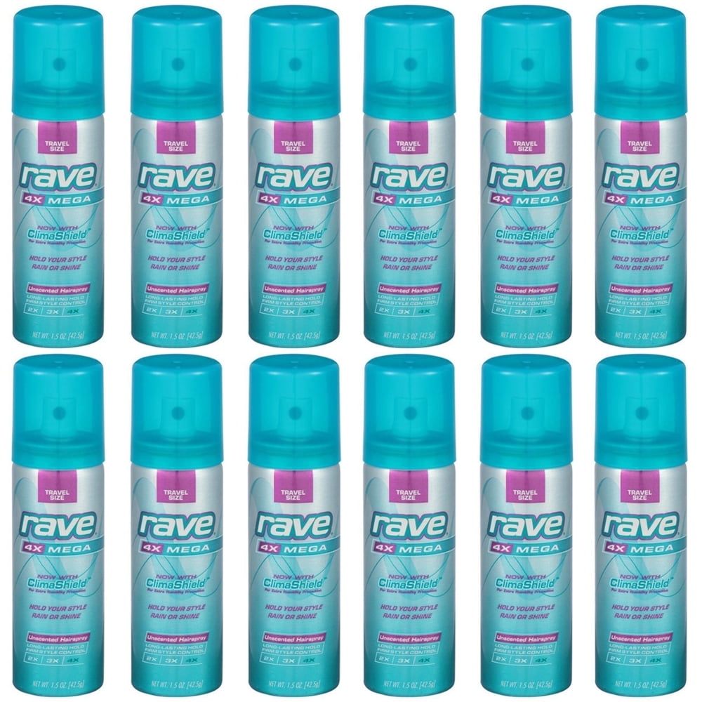 Pack of (12) Rave Hairspray 4x Mega Unscented Aerosal Trave Size 1.5 oz ...