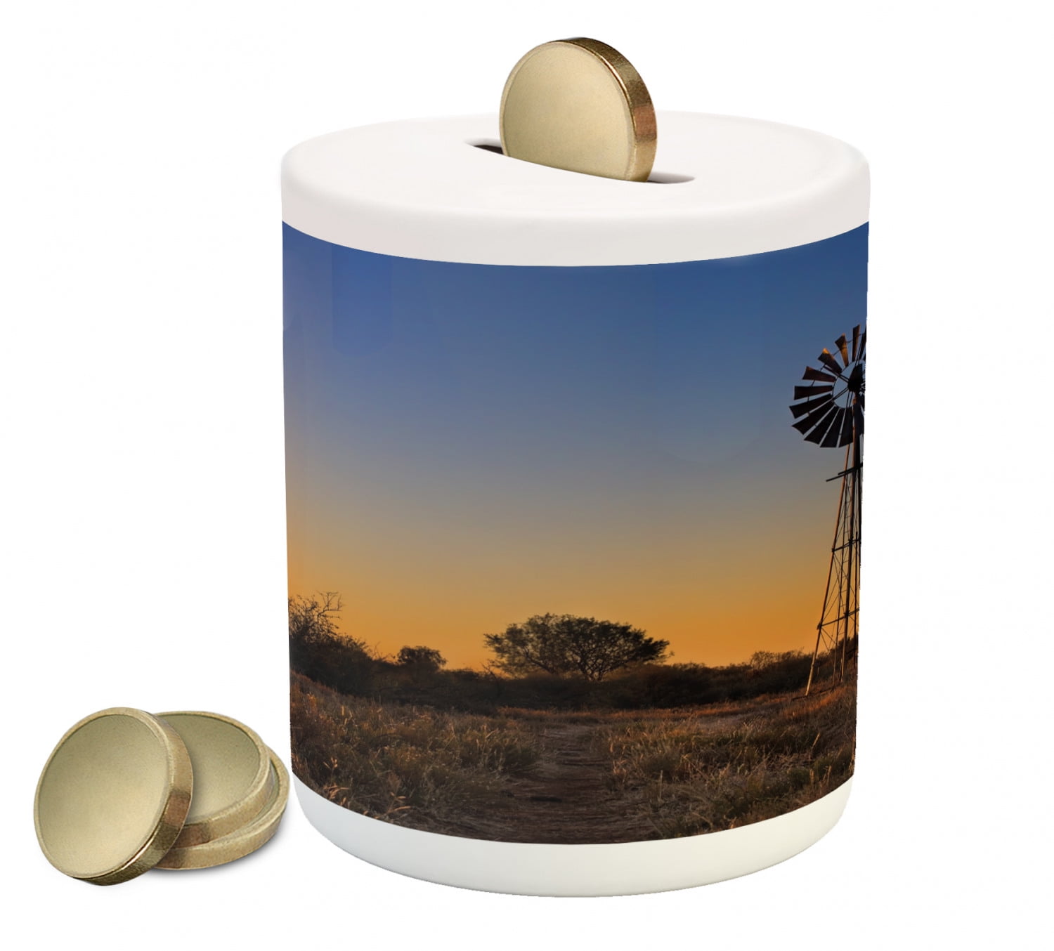 Windmill Piggy Bank, Sunset in Kalahari Peaceful Outdoors Agriculture ...
