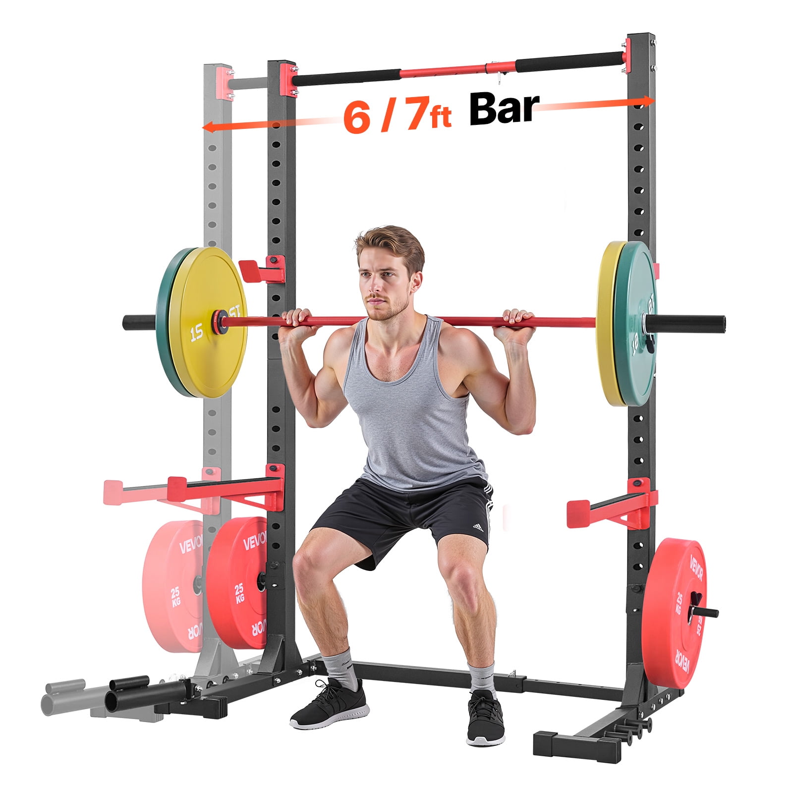 Vevor Power Cage Rack  Multifunctional Squat Rack For Home Gym  Width-Adjustable Workout Strength Training Equipment With 6 Band Pegs  Landmine Attach