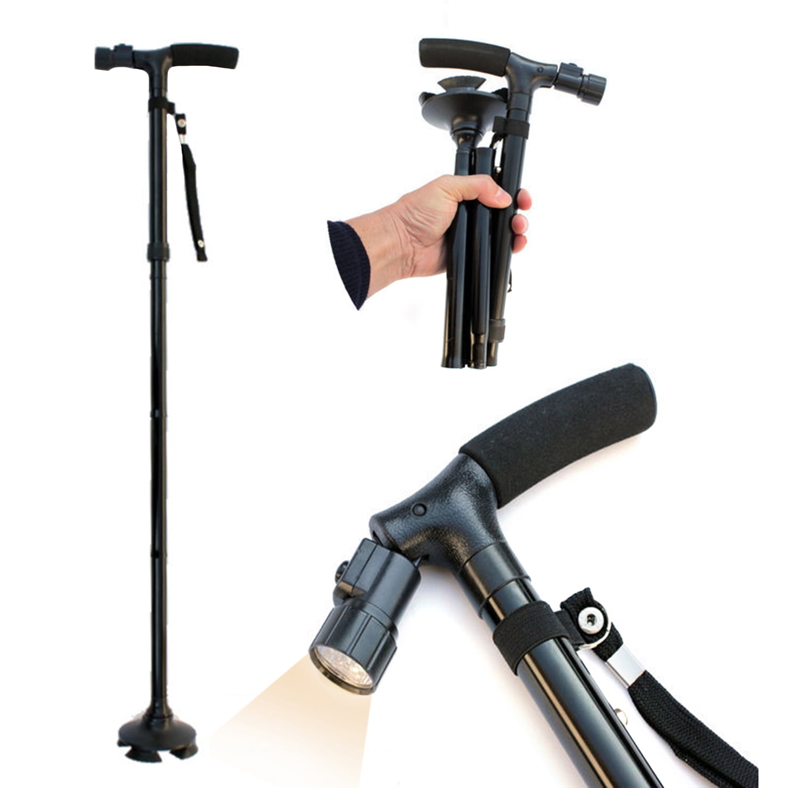 Graflsoa Foldable Led Walking Stick With Adjustable Height And Rotating Quad Base For Enhanced Stability And Safety - Black