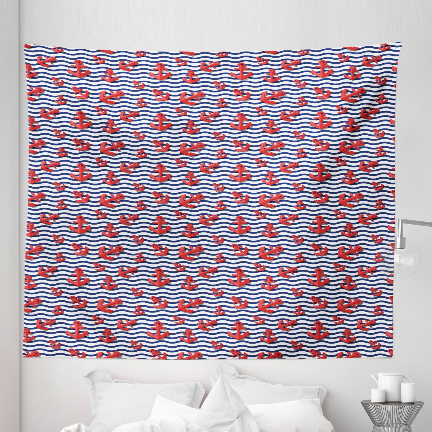 Anchor Tapestry, Wavy Stripes with 3D Style Marine Anchors Summertime ...