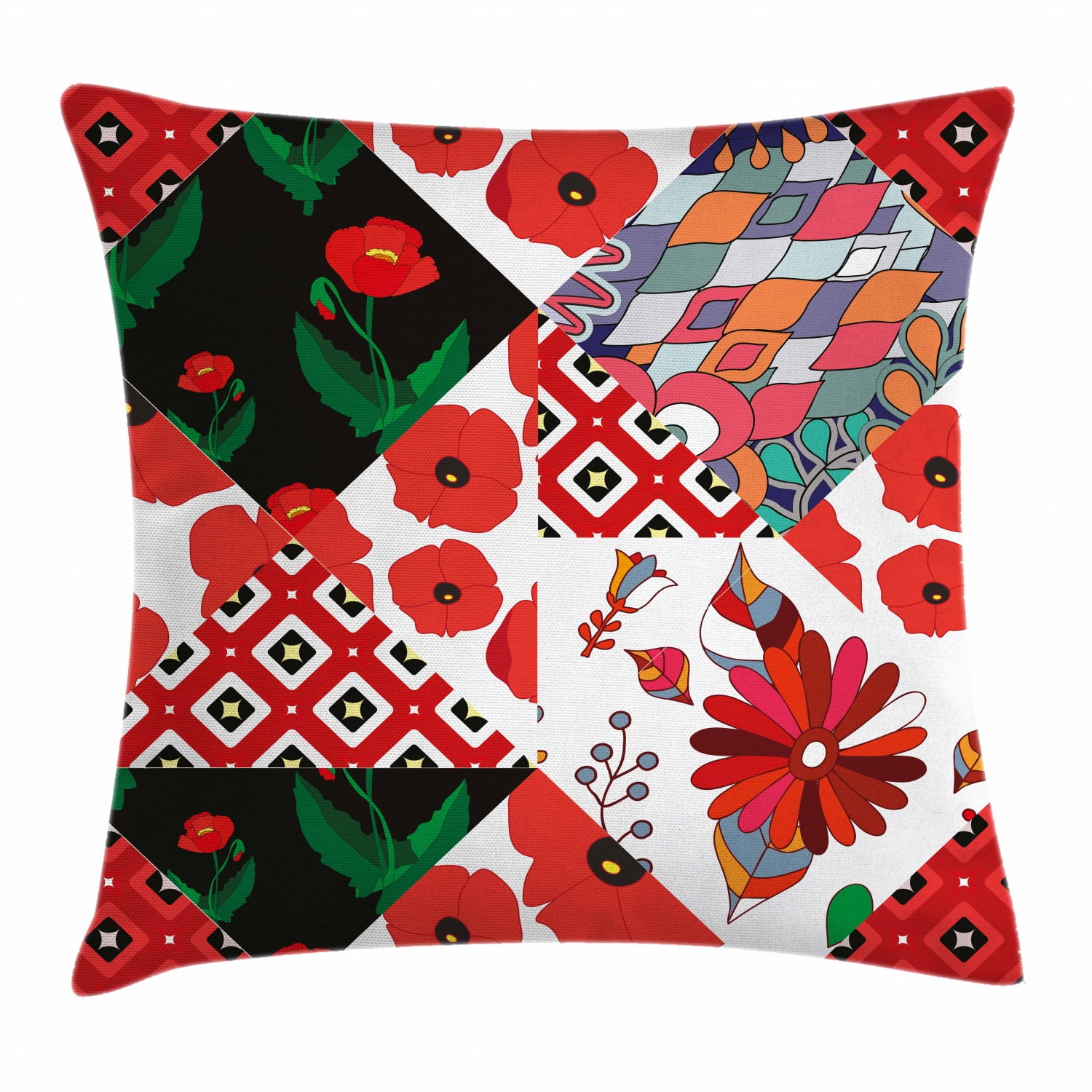 Retro Throw Pillow Cushion Cover, Patchwork Inspired Pattern with Poppy ...