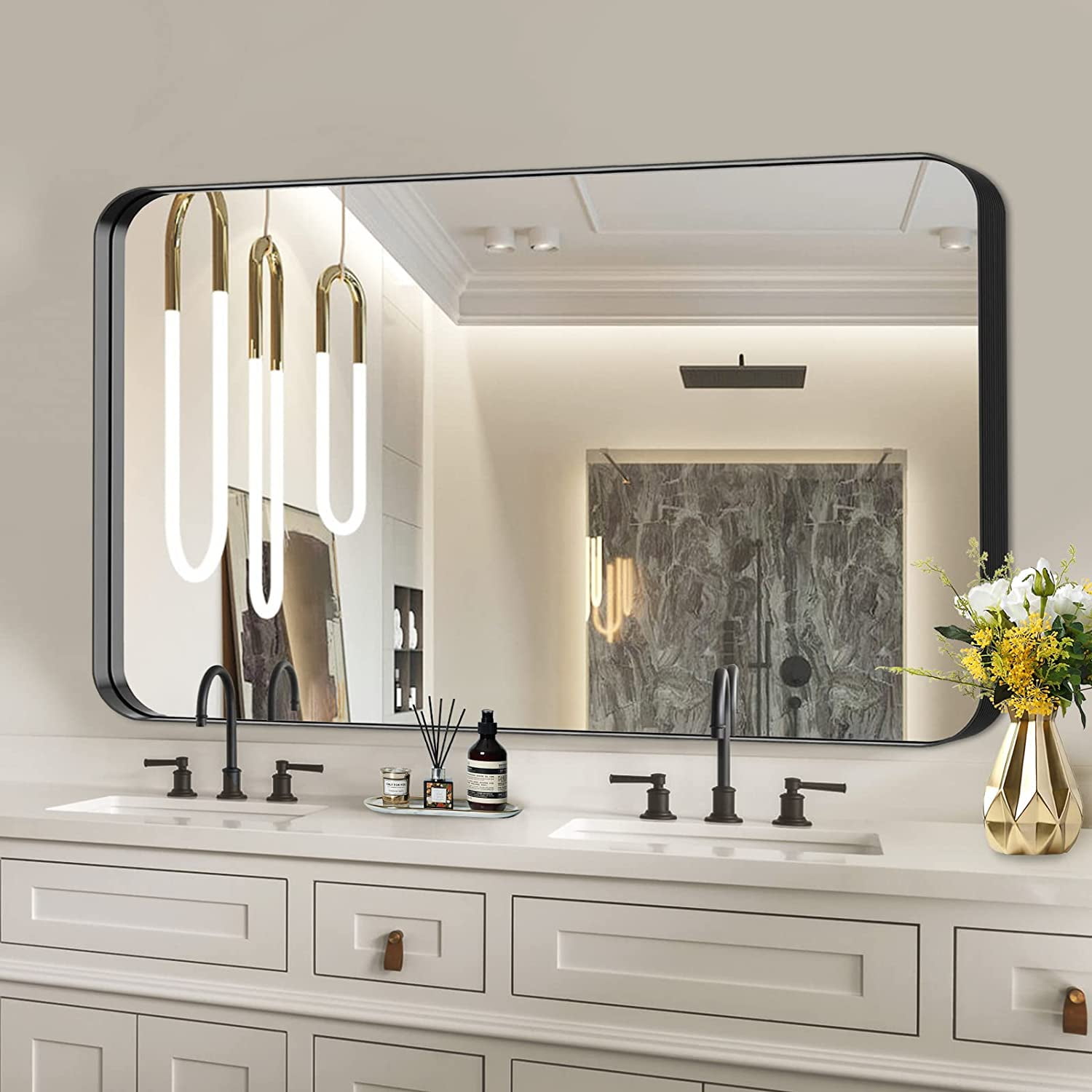 Depuley 48" x 30" Black Modern Wall Mirror,Rectangular Vanity Makeup ...