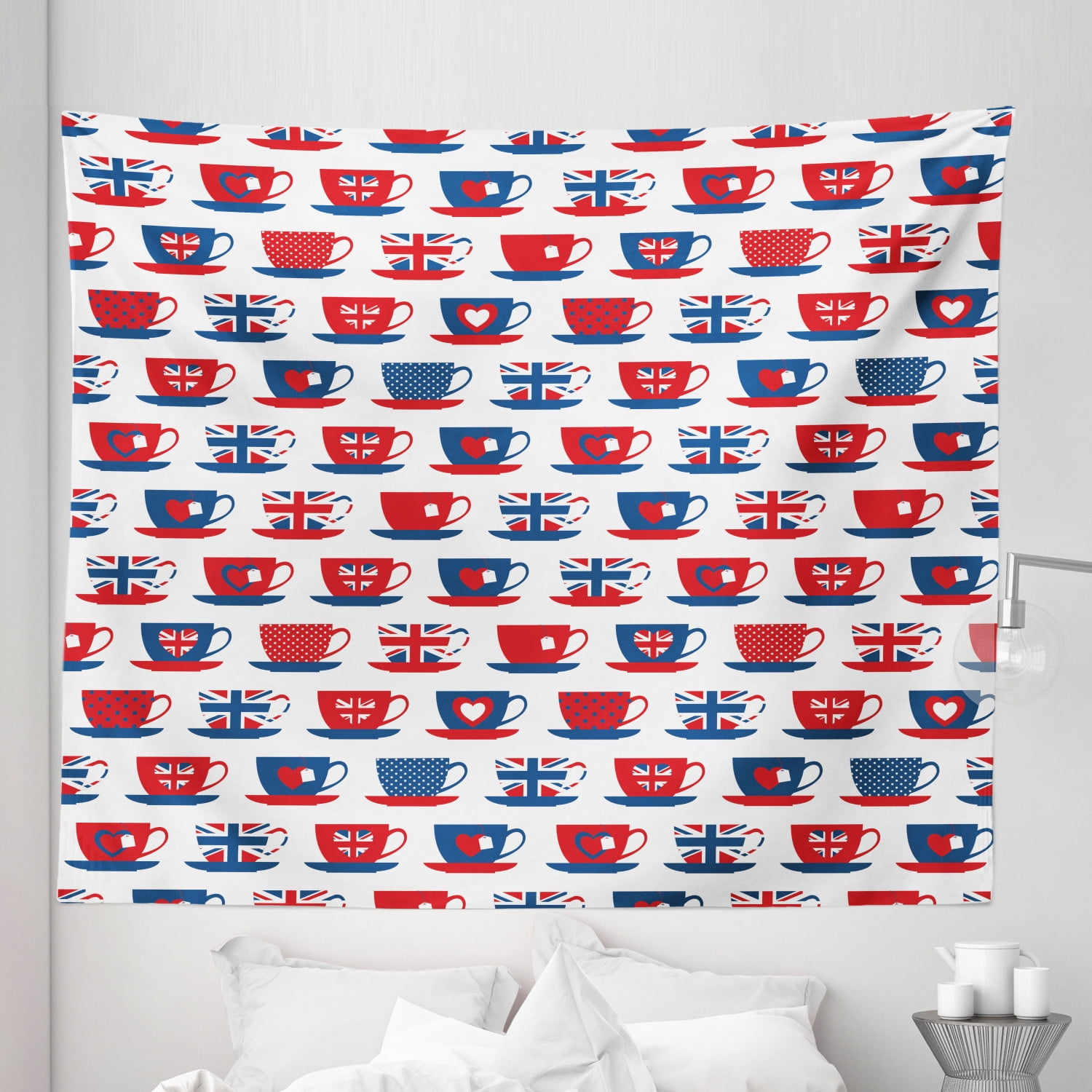 Tea Party Tapestry, Britain Themed Teacup Forms Patterned Union Jack ...