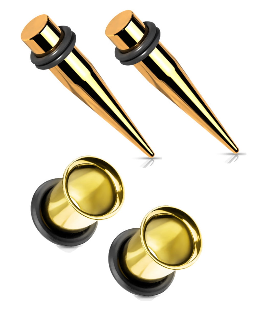 Pair 1g 7mm Gold Tapers and Single Flare Ear Stretching Kit Tunnels ...