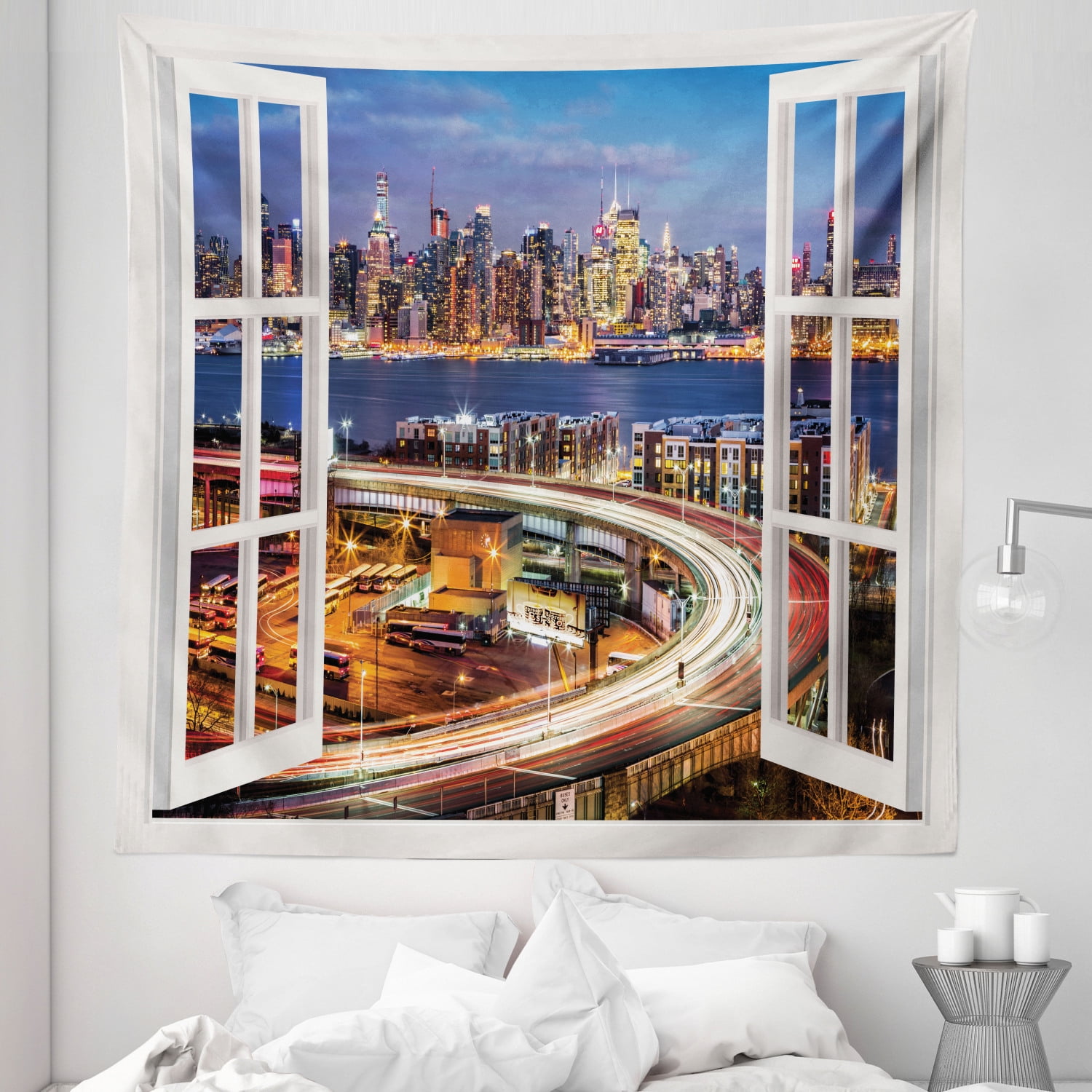 City Night Tapestry, Open Window Scene Urban Night Scene with ...