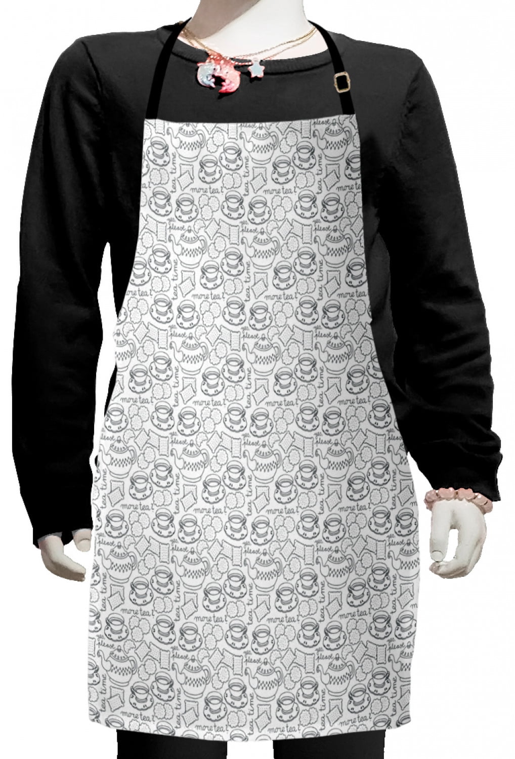Tea Party Kids Apron, Doodle Drawing Monochrome Tableware Pattern with ...