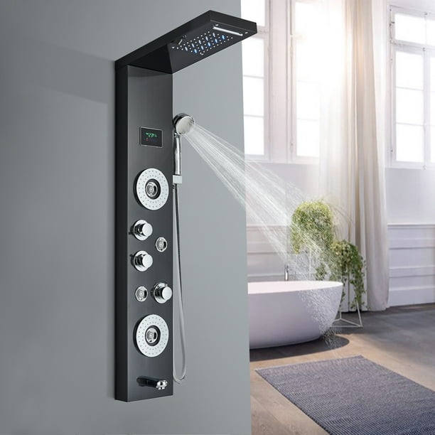 Shower Panel Tower System Black LED Multiple Function Shower System Set Waterfall Rainfall ...