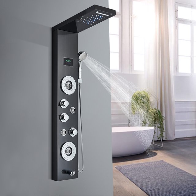 Shower Panel Tower System Black LED Multiple Function Shower System Set Waterfall Rainfall ...
