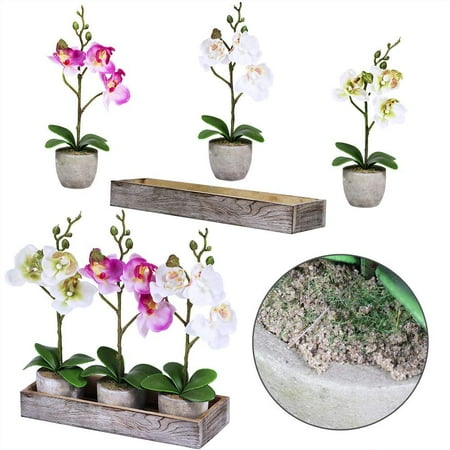Set of 3 Fake Orchid Assortment Mini Potted Orchid Plants with Wood ...