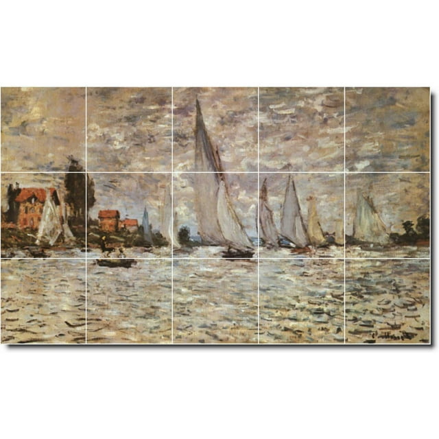 Ceramic Tile Mural-Claude Monet Waterfront Painting 115. 21.25" w x 12. ...