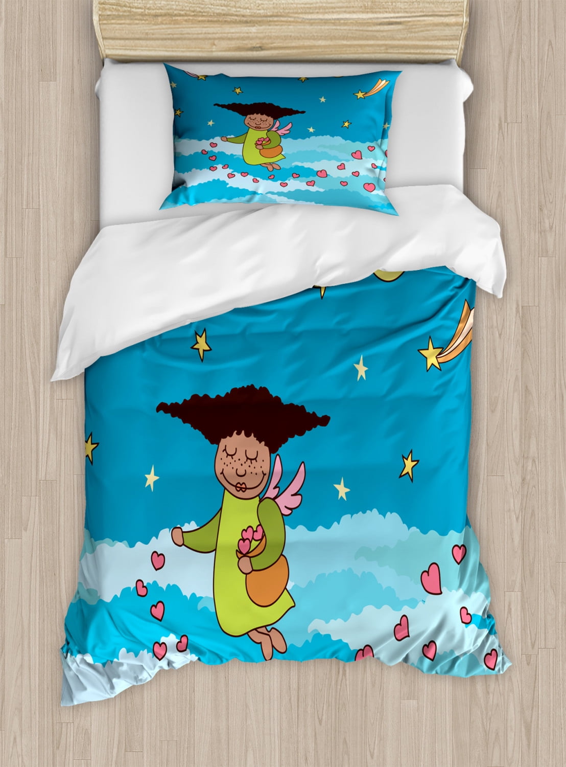Angel Wings Duvet Cover Set Twin Size, Kid Angel with Hearts above ...