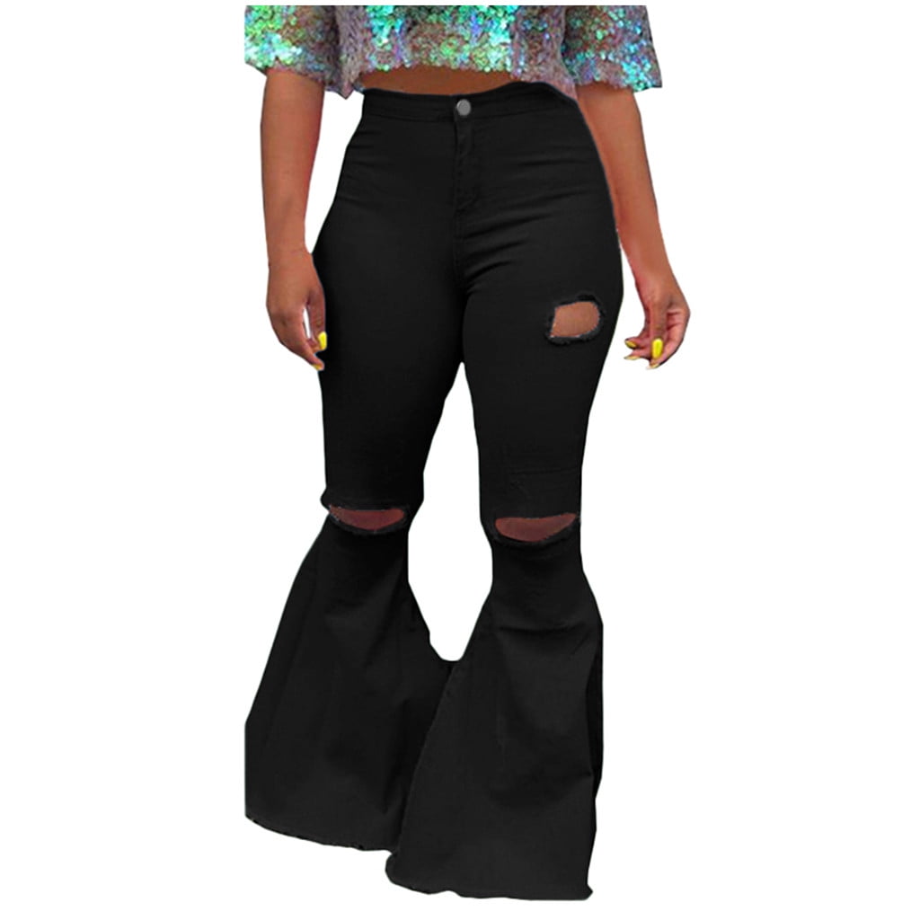 pants for women Women Lady Fashion Hole Zipper Wide Leg Pants Boot Cut ...