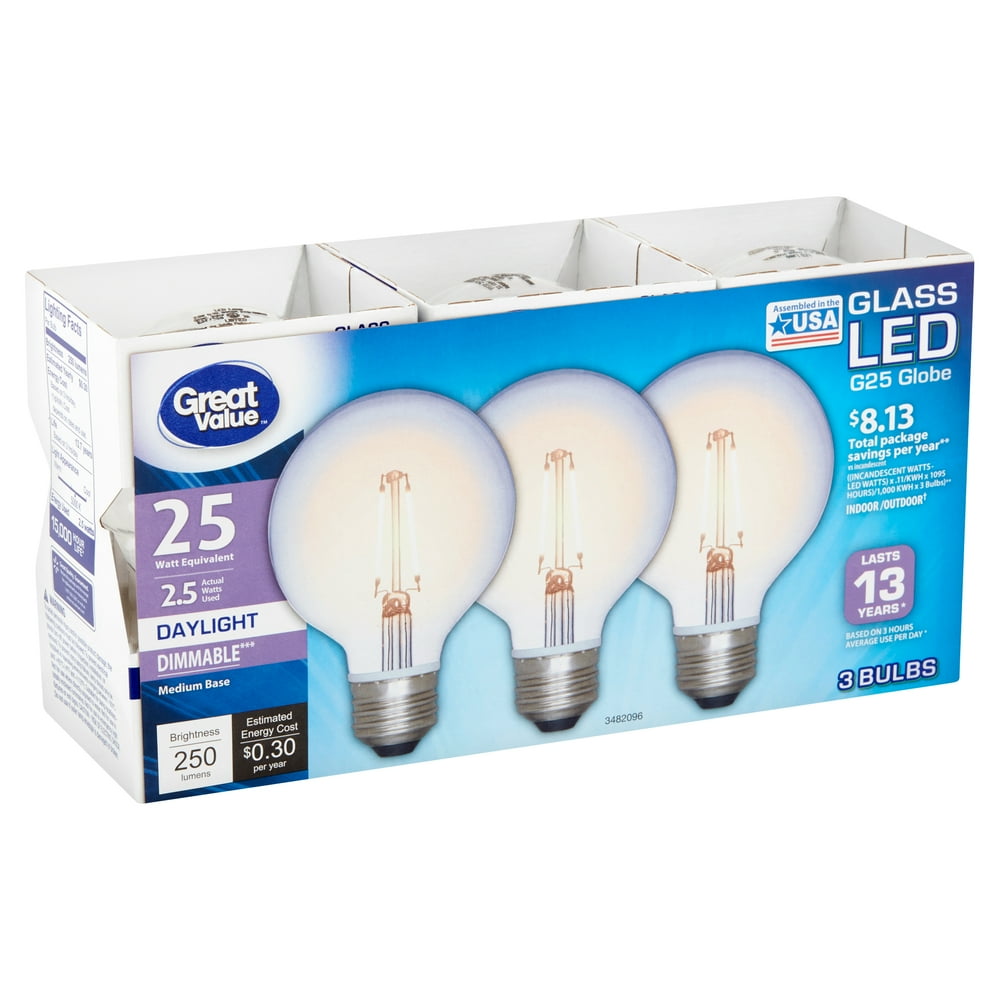 Great Value Glass LED G25 Globe 2.5 Watts Daylight Medium Base Bulbs, 3 ... Great Value Glass LED G25 Globe 2.5 Watts Daylight Medium Base Bulbs, 3 ...