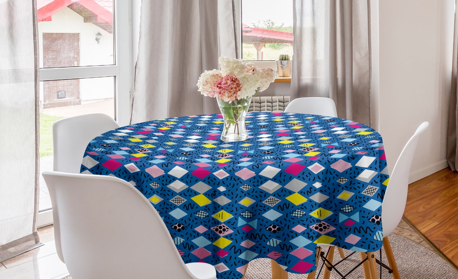 Geometric Round Tablecloth, Modern Pattern of Diamond Shapes Triangles ...