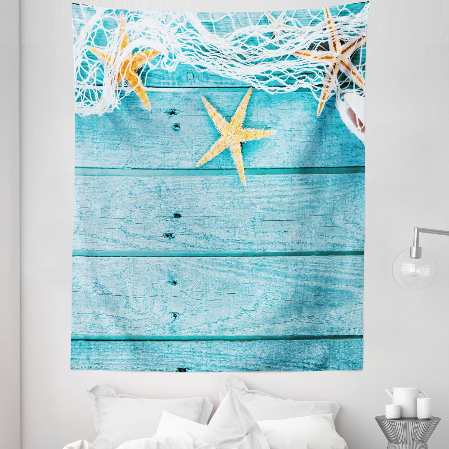 Starfish Tapestry, Rustic Wood Boards Fishing Net and the Ocean Animals ...