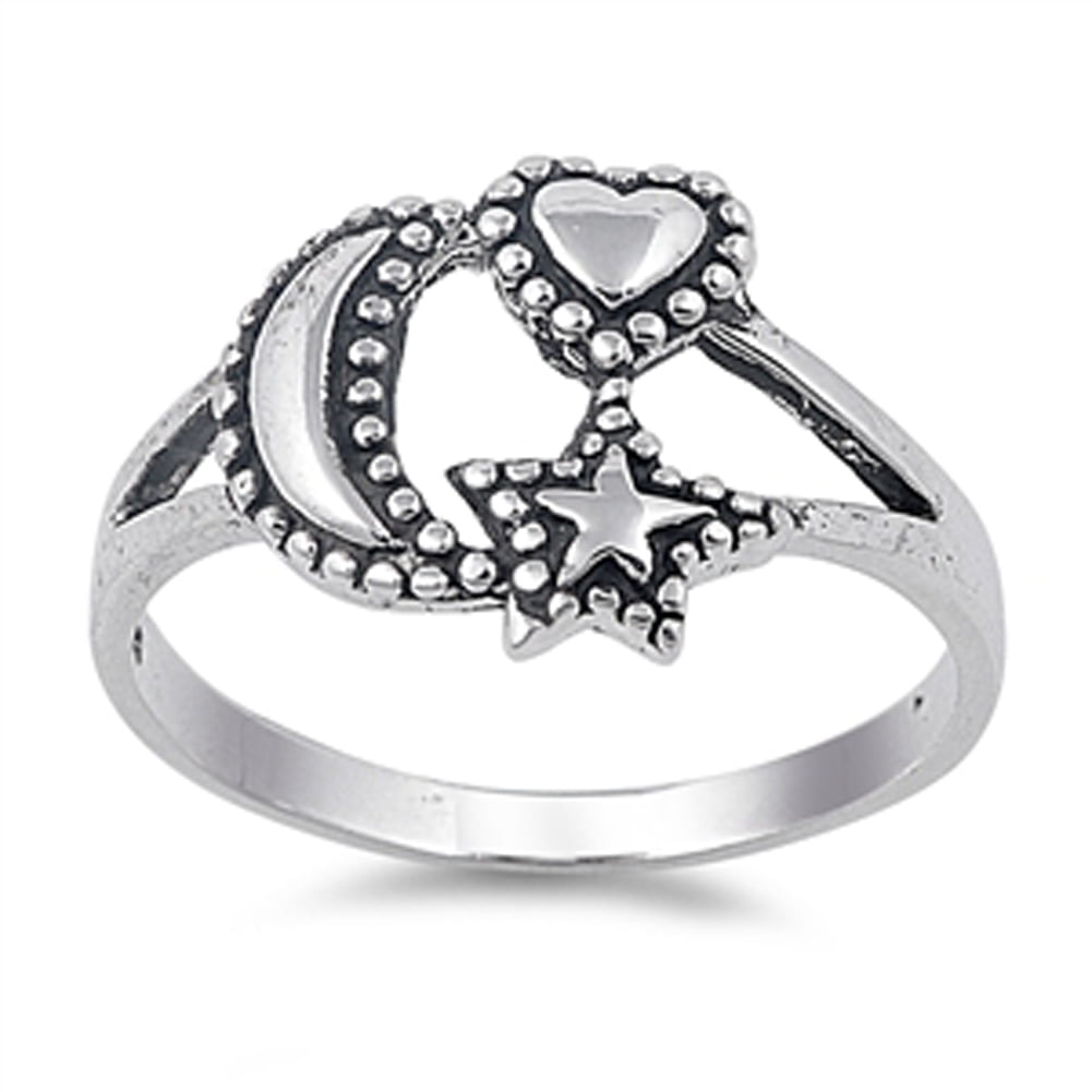 Oxidized Beaded Heart Moon Star Good Luck Ring Sterling Silver Band 925 ...