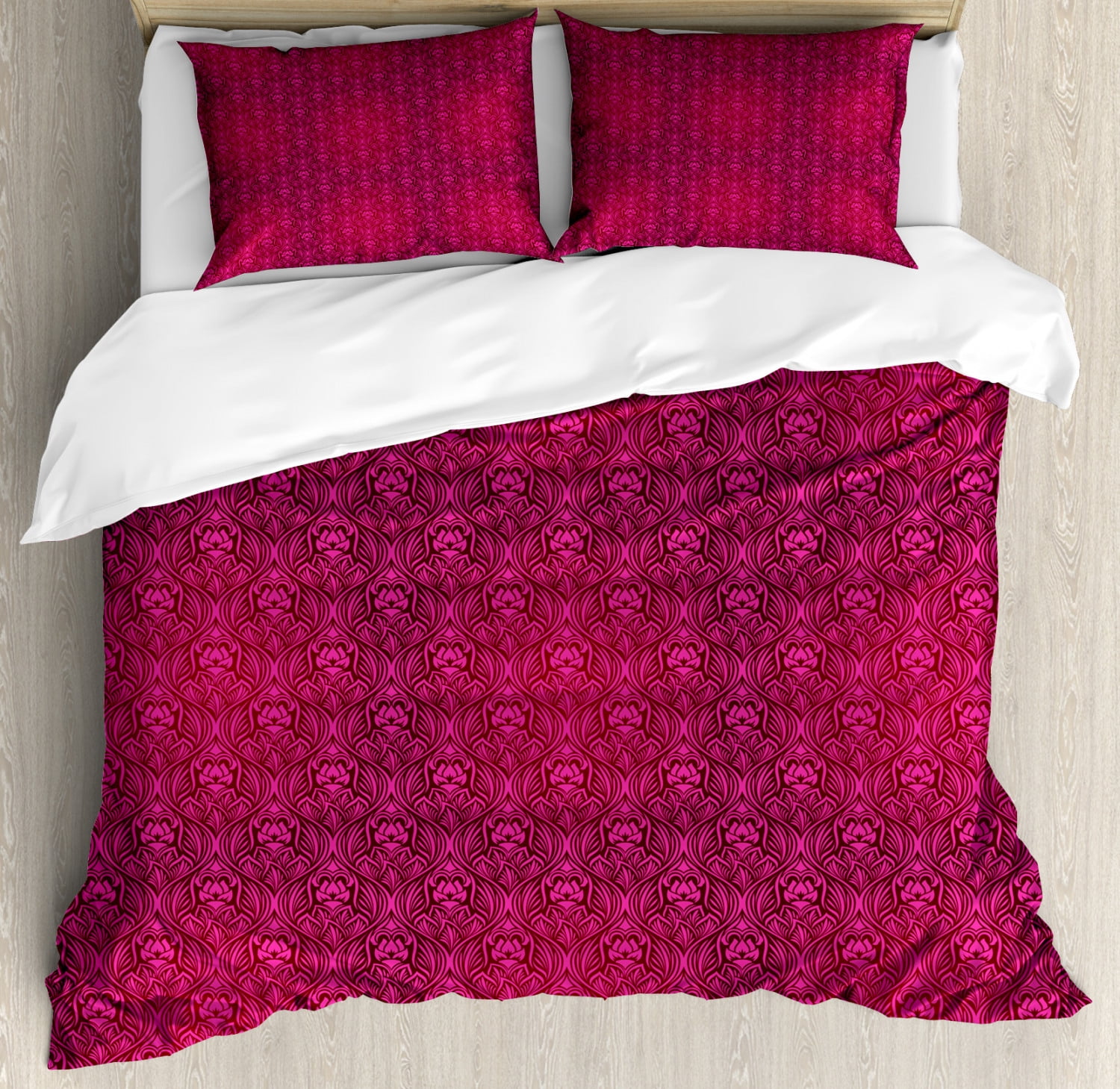 Magenta Queen Size Duvet Cover Set Monochrome Flourishing Flowers With