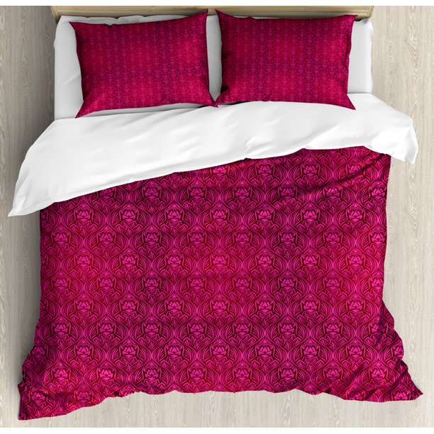 Magenta Queen Size Duvet Cover Set, Monochrome Flourishing Flowers with ...