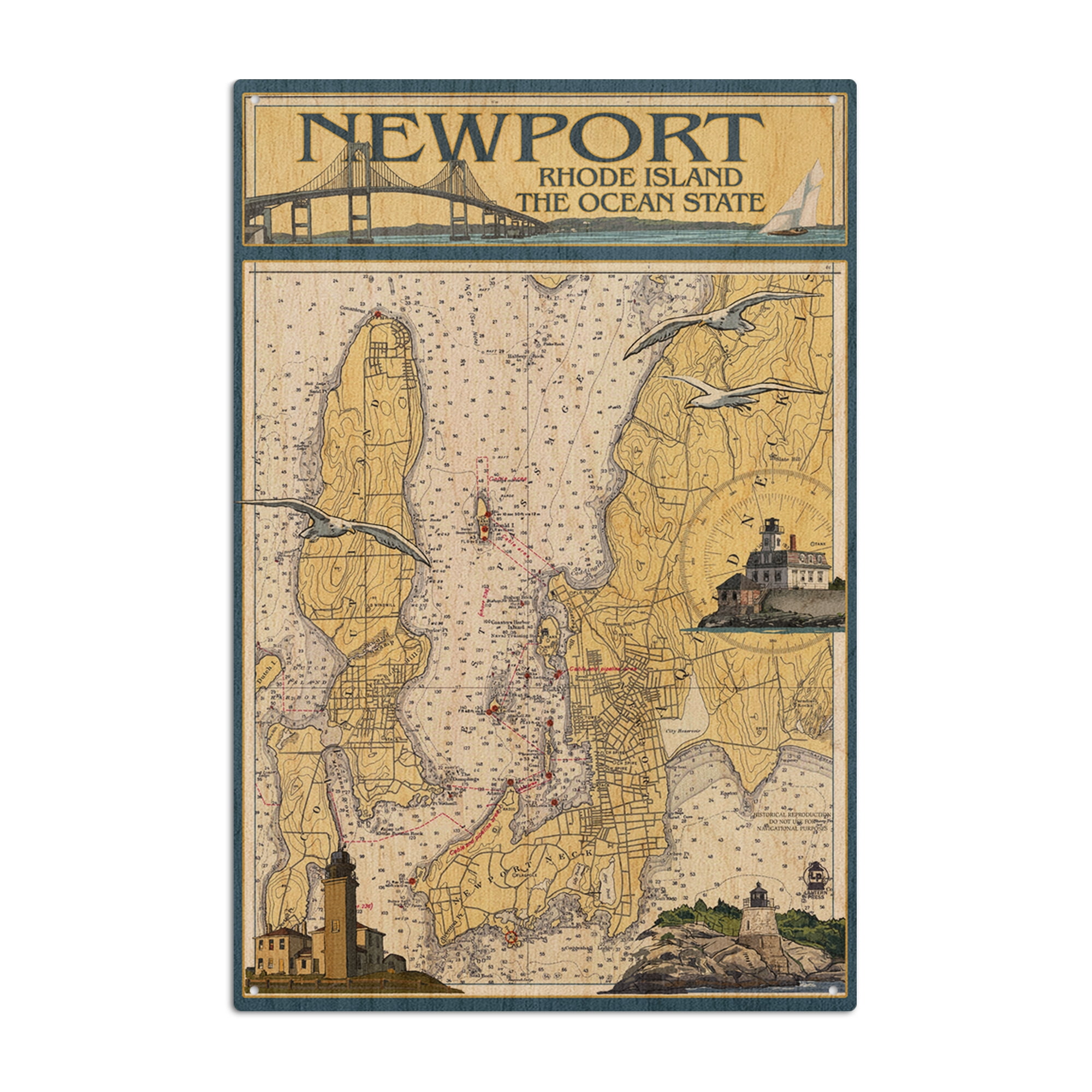 Newport, Rhode Island, Nautical Chart Birch Wood Wall Sign (6x9 Rustic ...