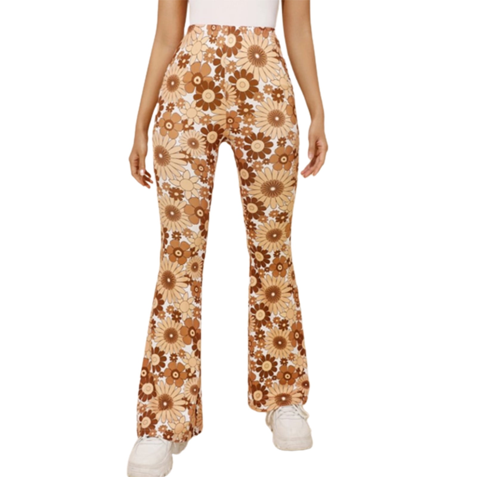 Flare Pants Womens Floral Print Casual High Waisted Palazzo Long Pants ...