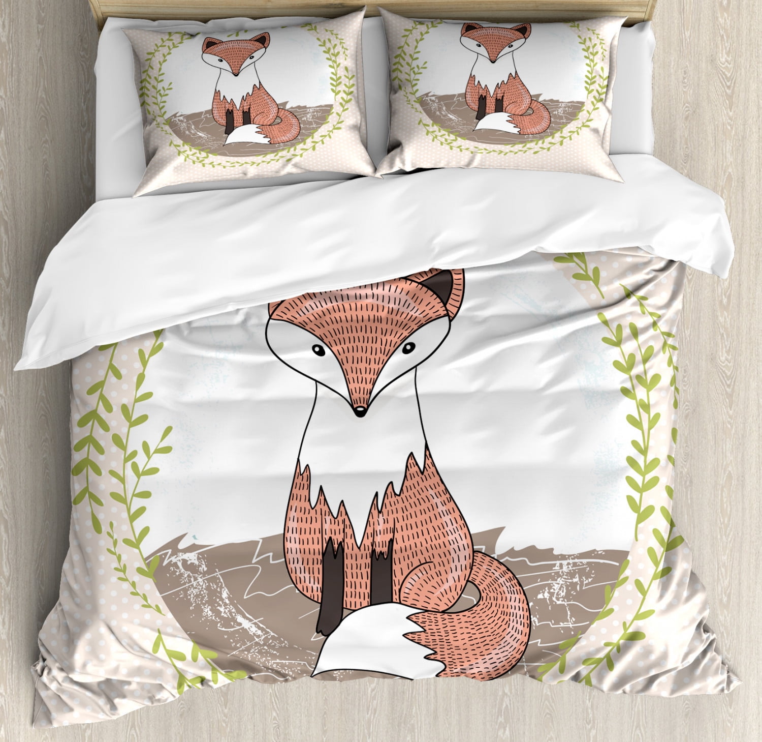 Fox Queen Size Duvet Cover Set, Young Forest Animal Illustration for ...
