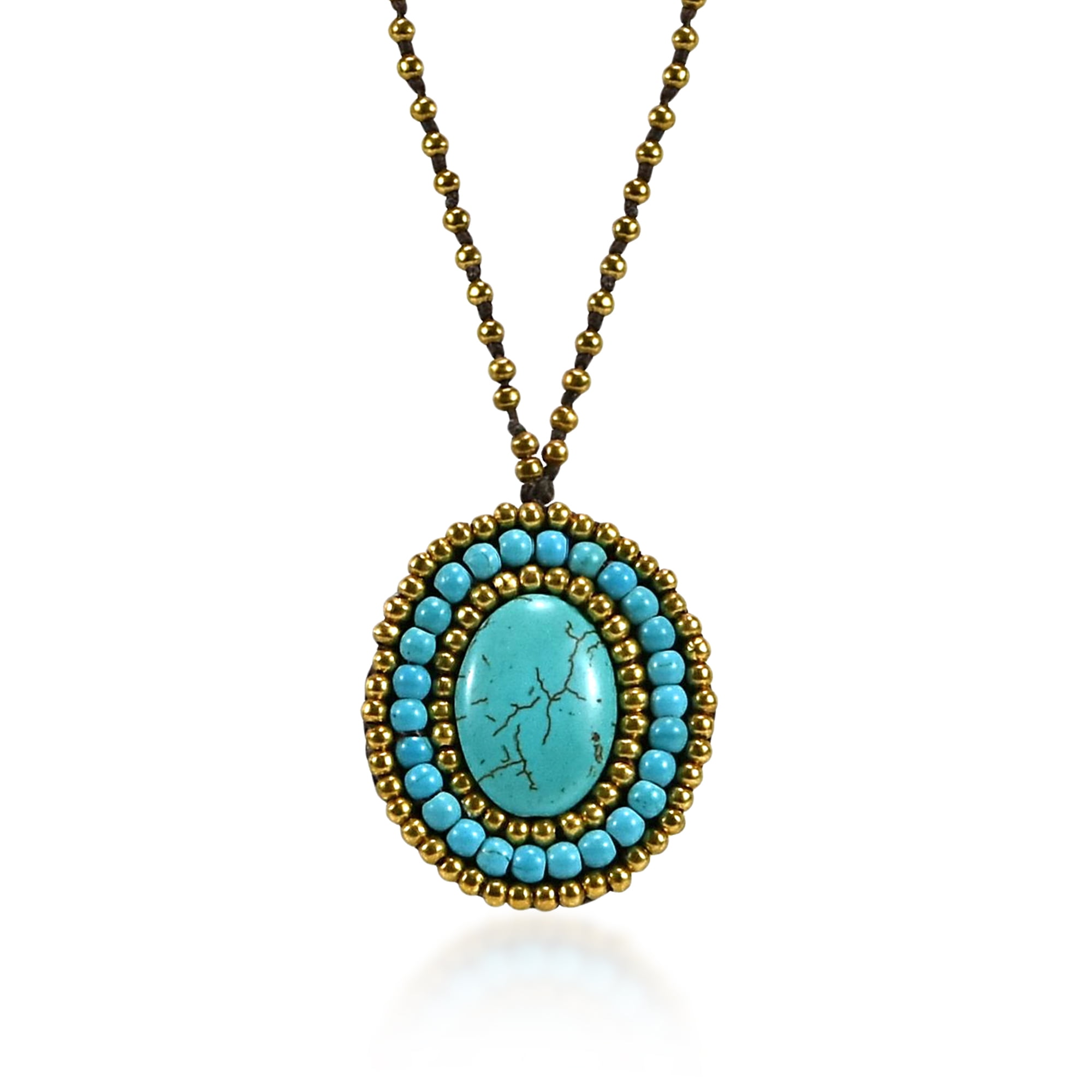 Colorful Oval Blue Turquoise Stone w/ Brass Beads Medallion Necklace ...