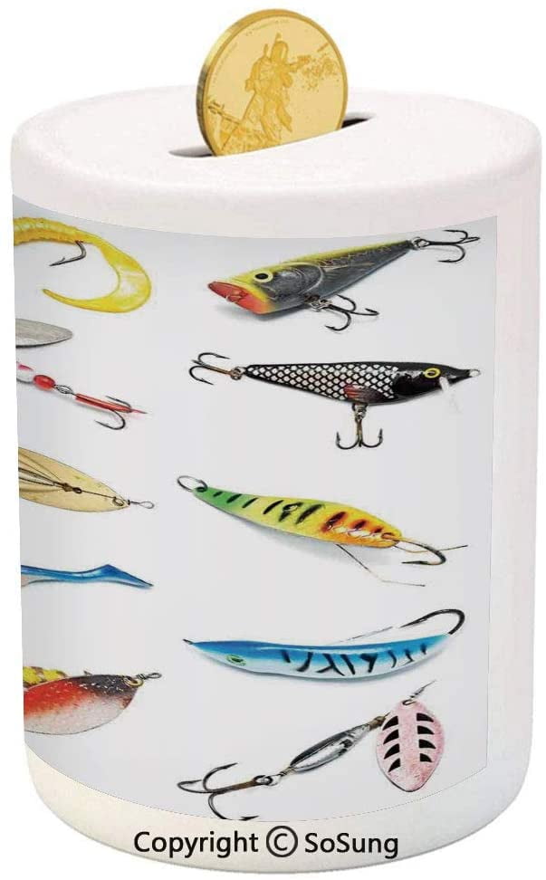 Fishing Decor Ceramic Piggy Bank,Several Fish Hook Equipment Objects ...