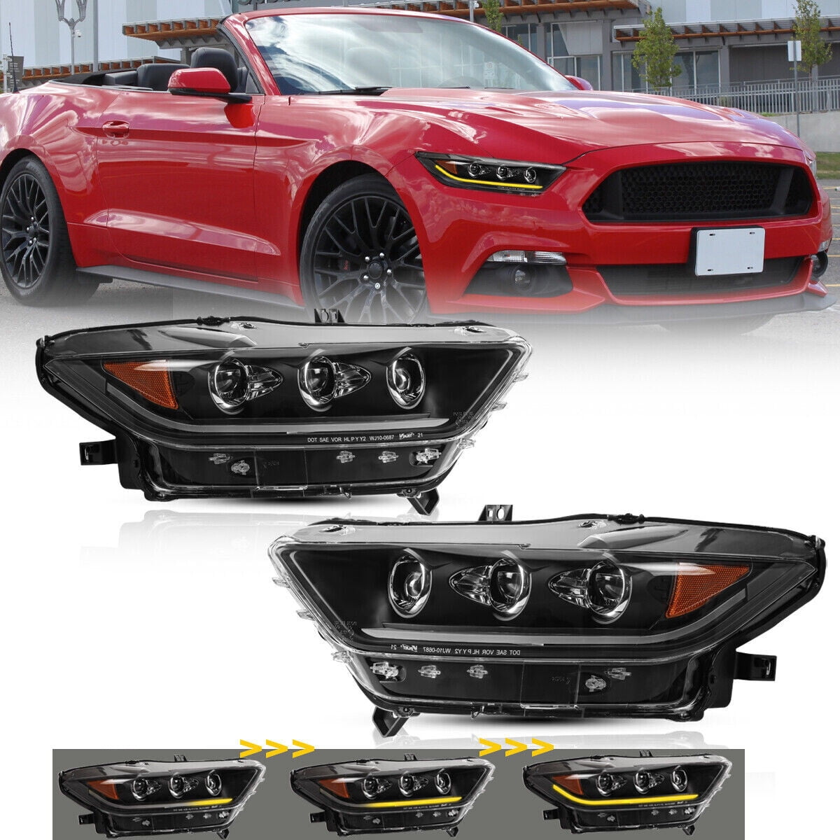 LED DRL Projector Headlights for 15-17 Ford Mustang Sequential Turn ...