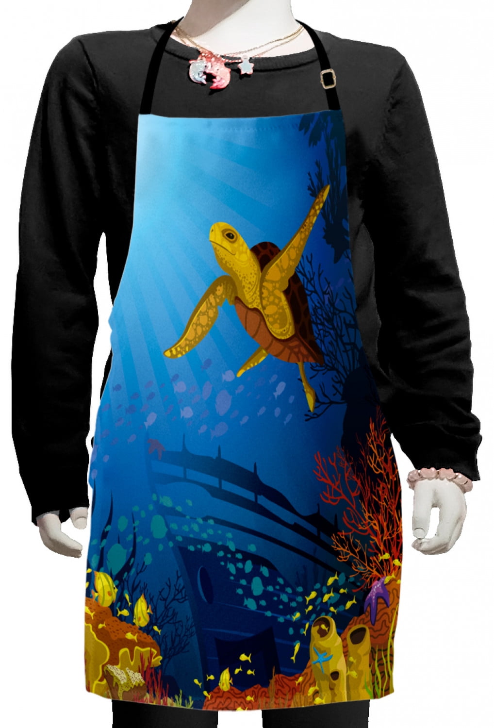 Ocean Kids Apron, Colored Coral Reef with Silhouette School of Fish and ...