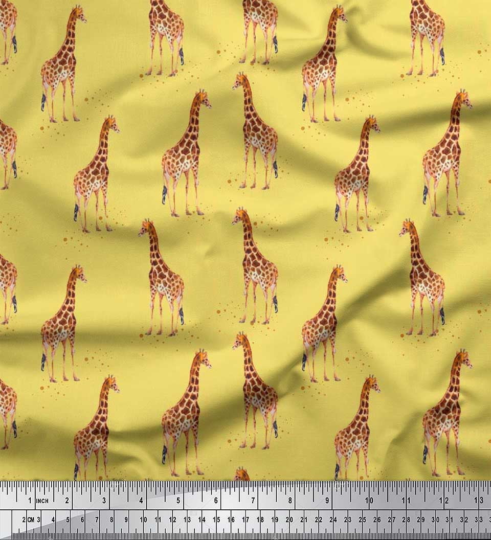 Soimoi Yellow Cotton Poplin Fabric Dot & Giraffe Animal Print Fabric by ...