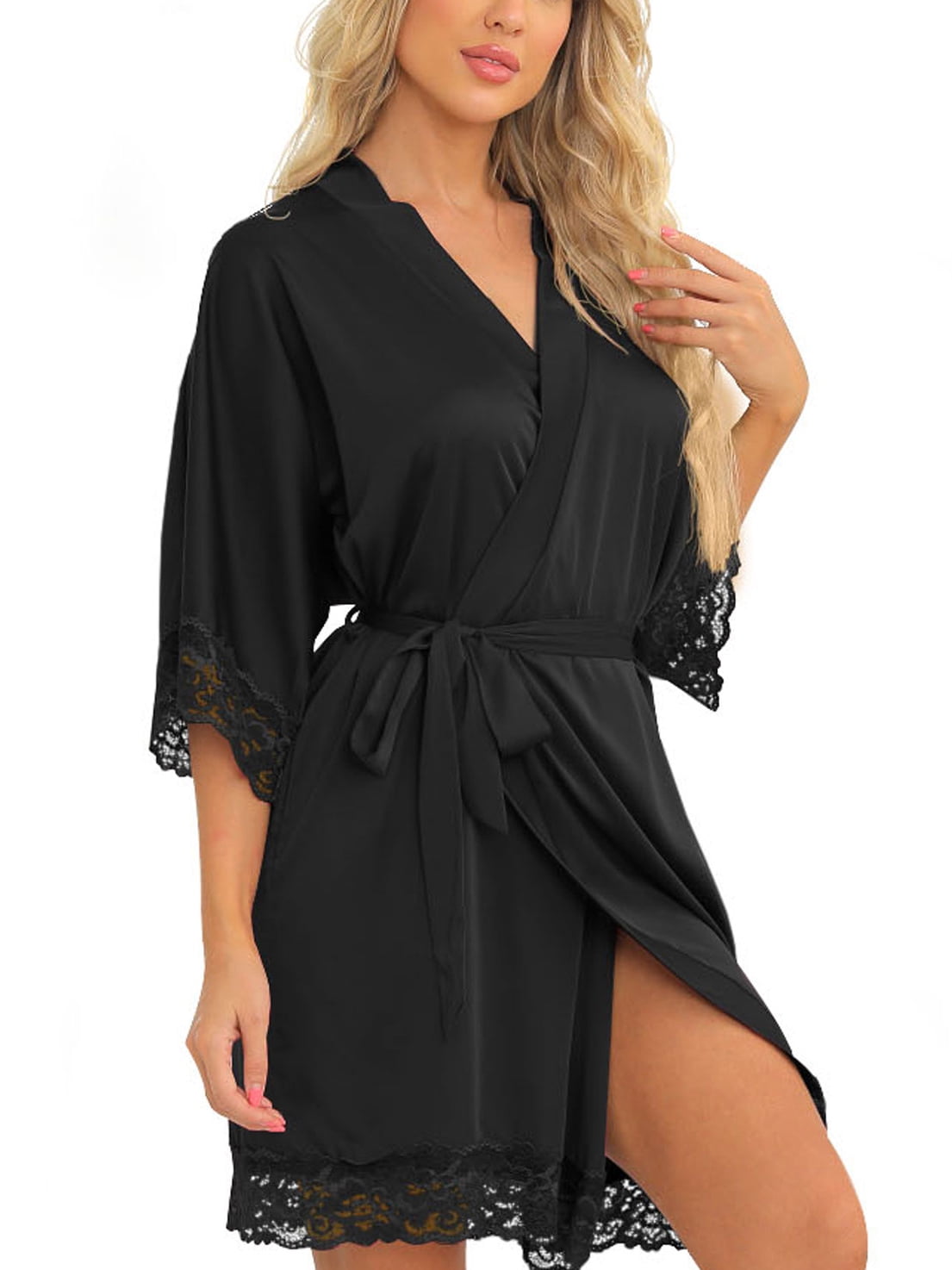 OLRIKES Women's Satin Robes Soft Short Kimono Bride Robe Sexy Silk ...