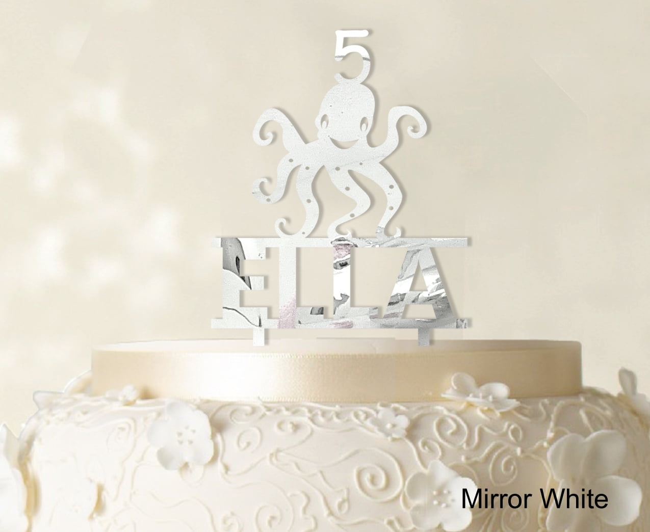 """Birthday Custom Name Cake Topper"" With Octopus Figure Mirror White ...