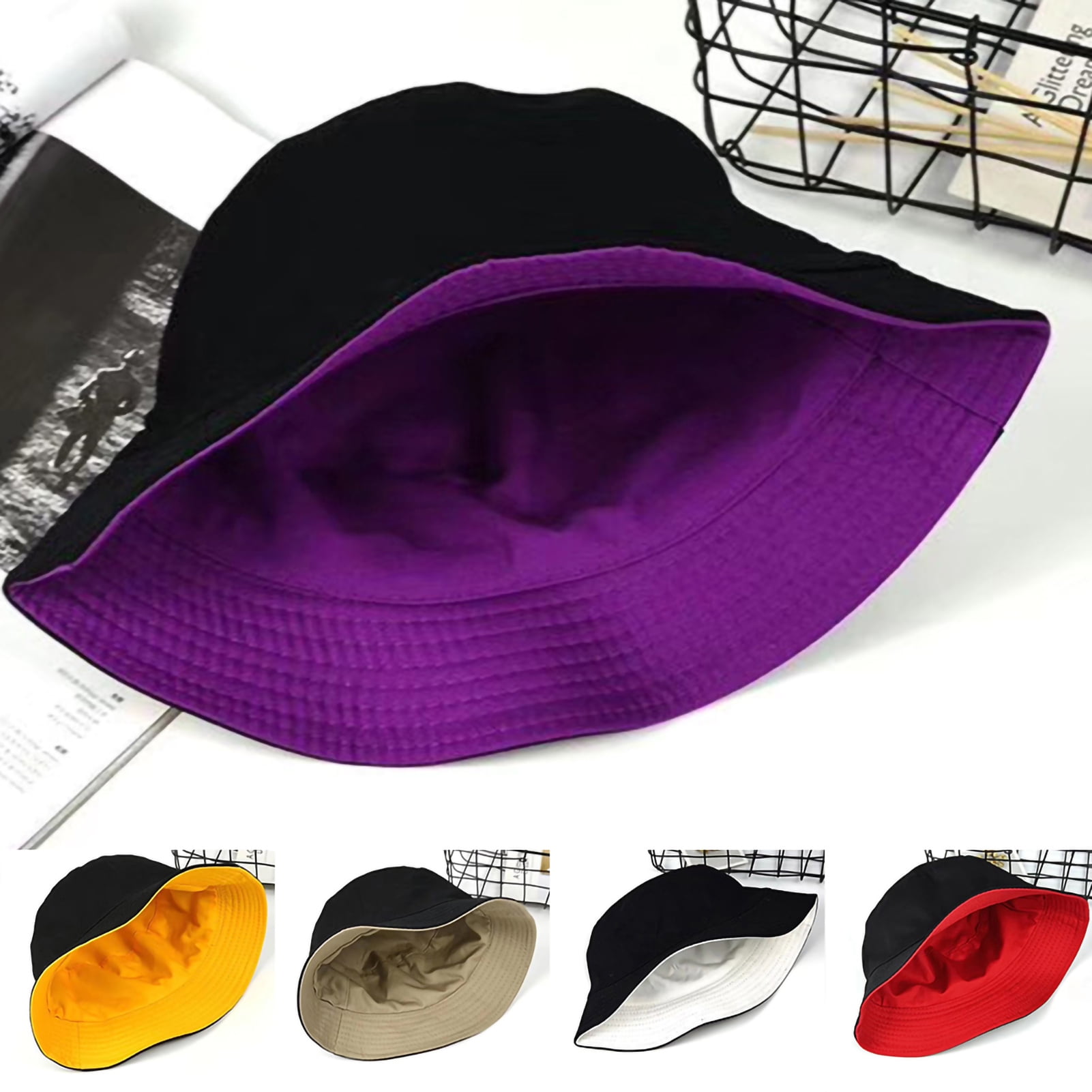 Riguas Bucket Hat Sun Block Reversible Design Cotton Solid Color Solid ...