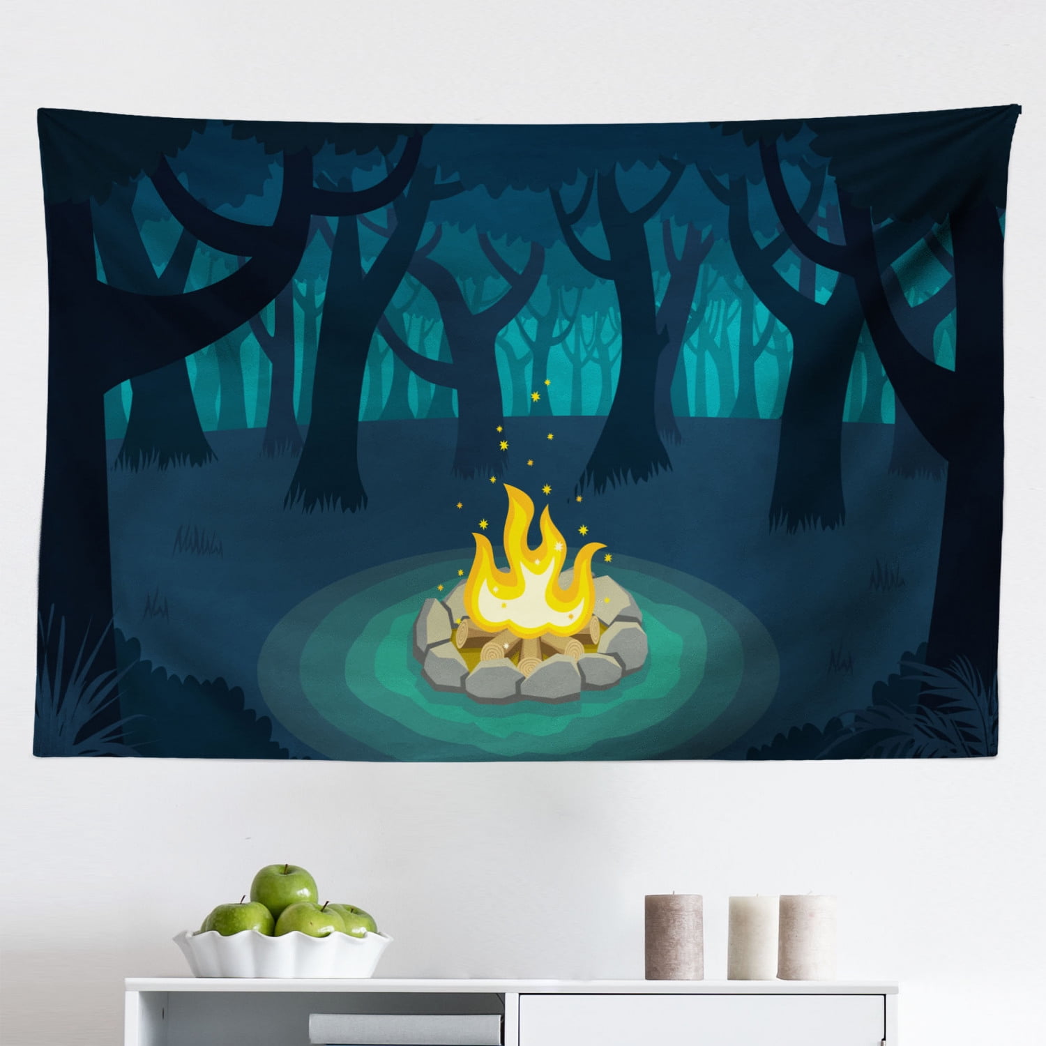 Fireplace Tapestry, Christmas in Winter Night Happy Cartoon Noel ...