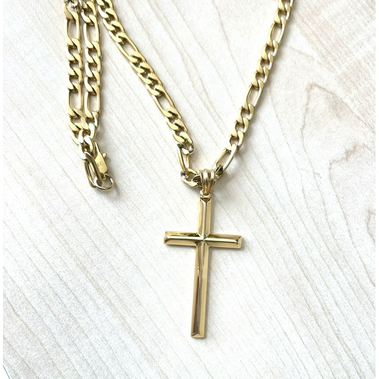 18K Yellow Gold Beveled Edge Cross Pendant Necklace with 5MM Cuban Link Chain for Men and Women Walmart