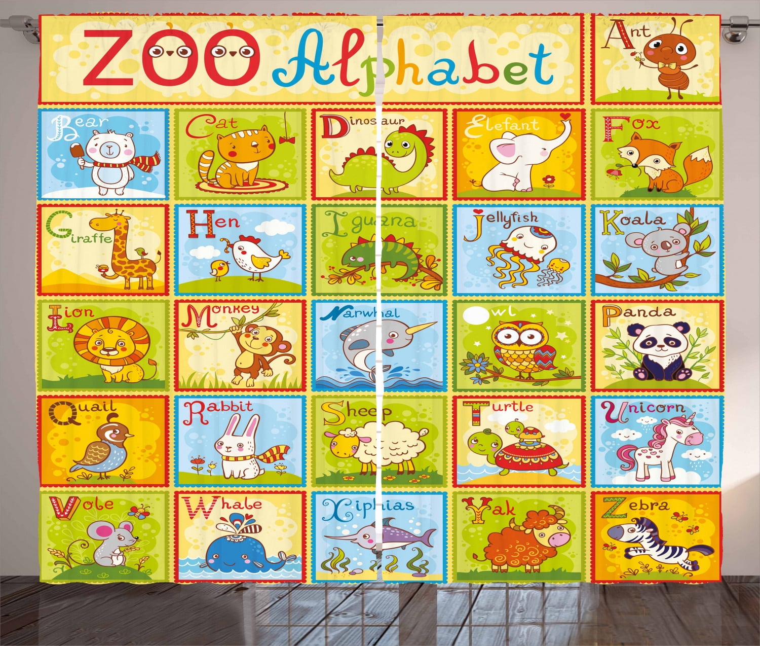 Educational Curtains 2 Panels Set, Zoo Alphabet Design Colorful Style ...