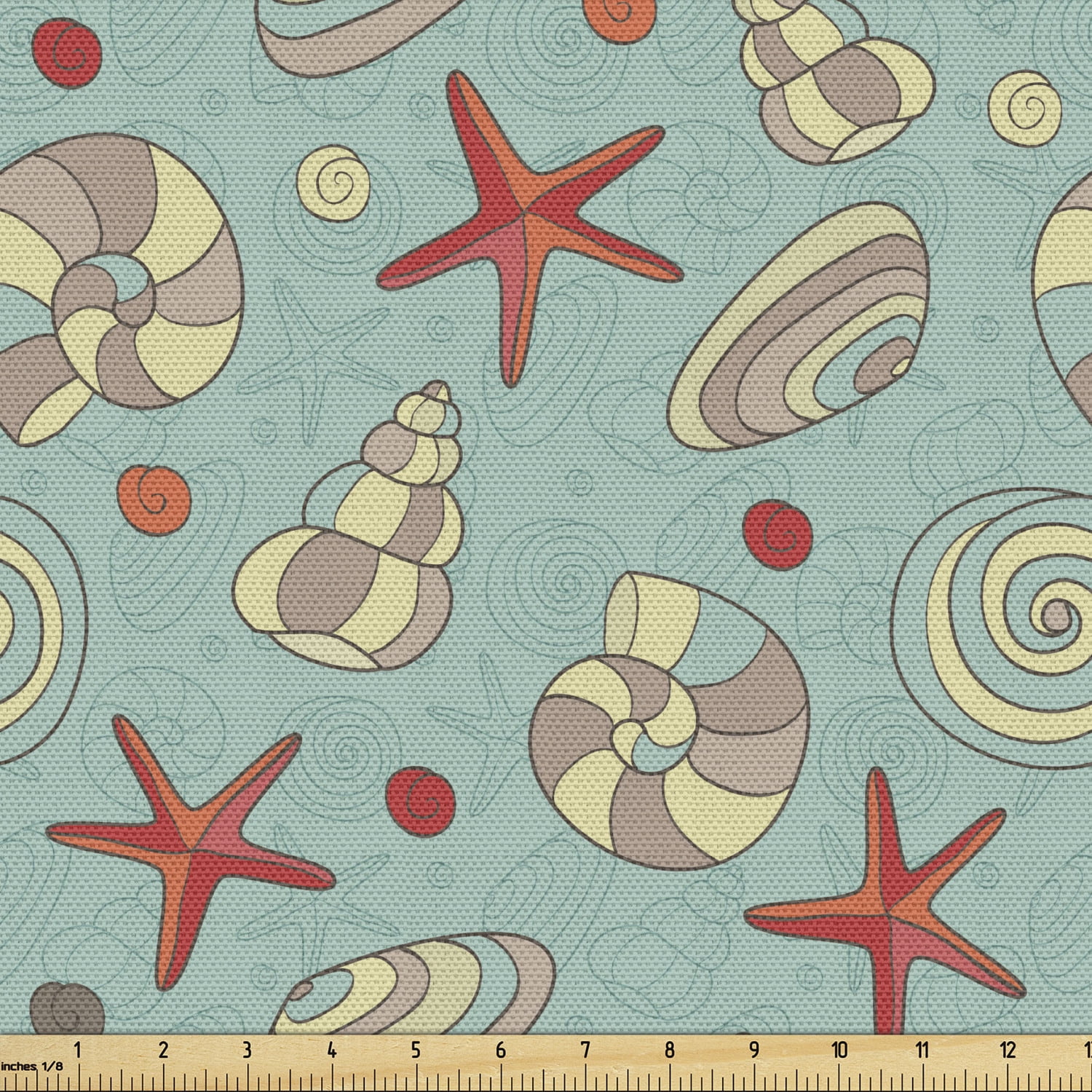 Shell Fabric by the Yard, Nautical Theme Cartoonish Different Seashells ...