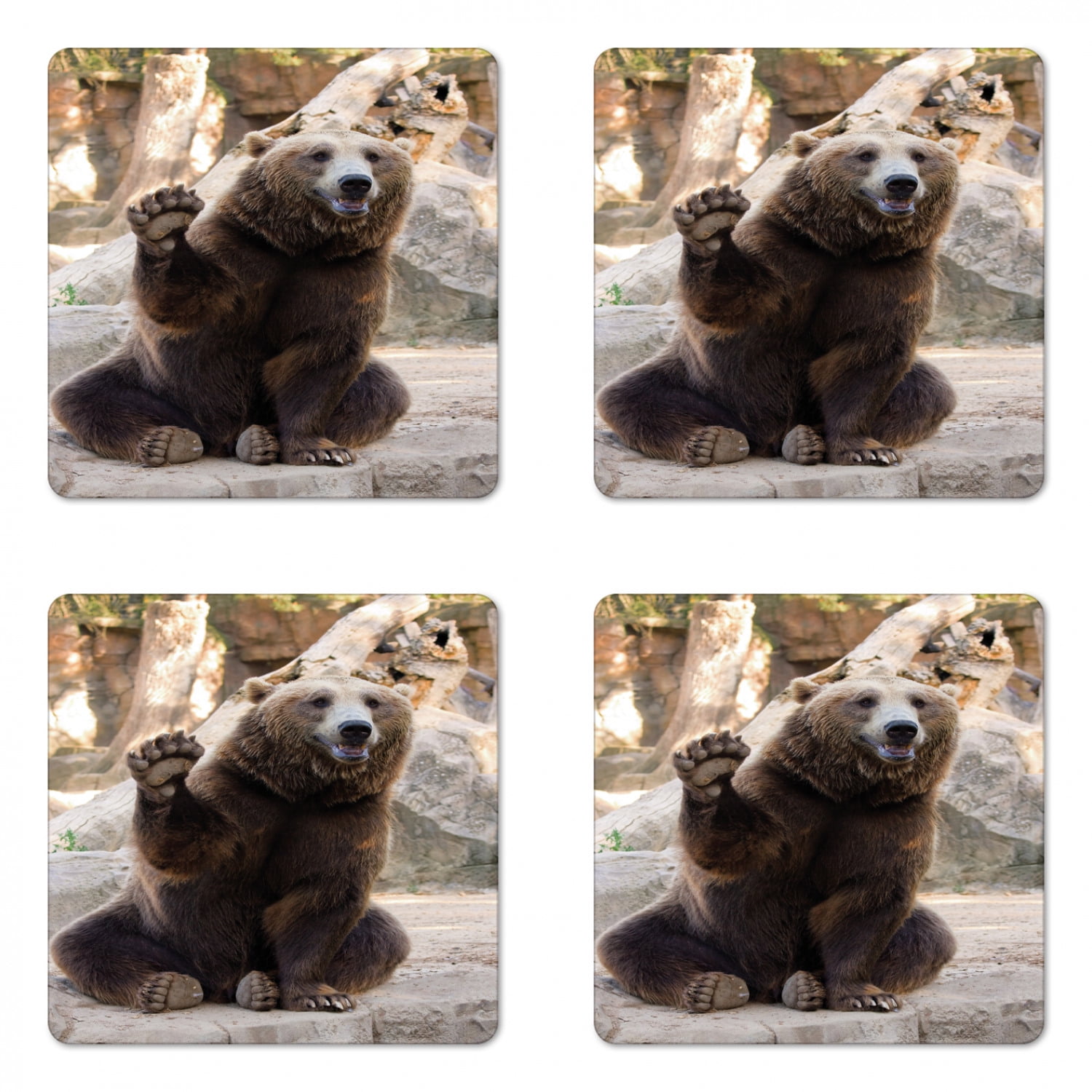 Bear Coaster Set of 4, Friendly Animal Sitting and Waving a Paw in the ...