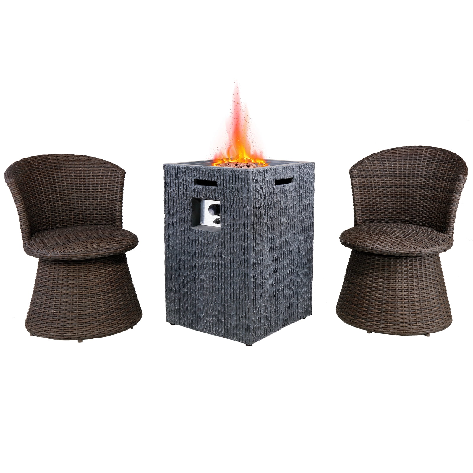 19 inch Outdoor Gas Fire Pit Table Set with 2 Wicker Swivel Stool ...