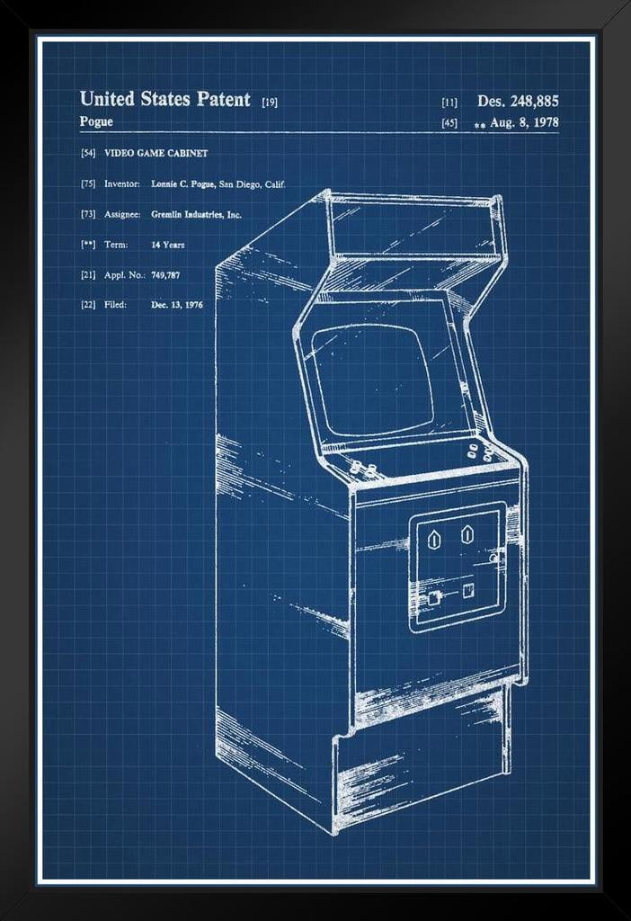 Retro Arcade Video Game Cabinet Official Patent Blueprint Black Wood ...
