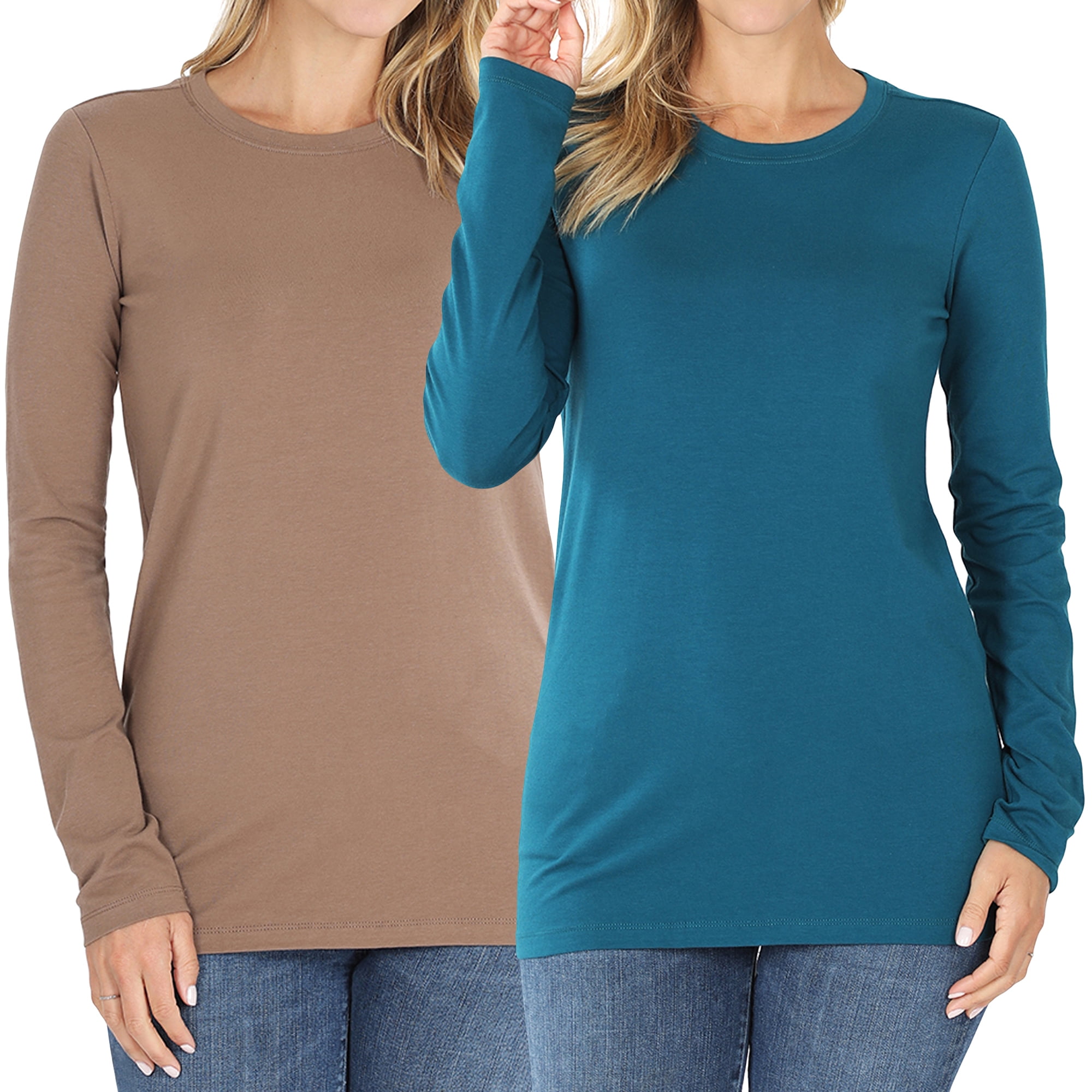 Zenana Women & Plus Basic Round Crew Neck Long Sleeve Stretch Cotton ...