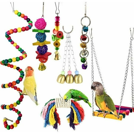 Set of 7 Parrot Toys for Bird Cages, Chewing Swings, Wooden Perches for ...