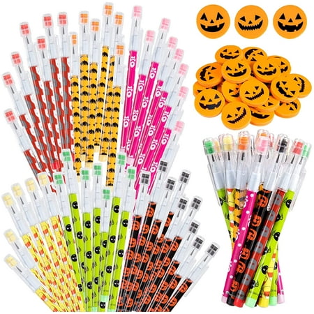 48Pcs Halloween Pencil and Eraser Kit Multi Point Stackable Push Pencil ...