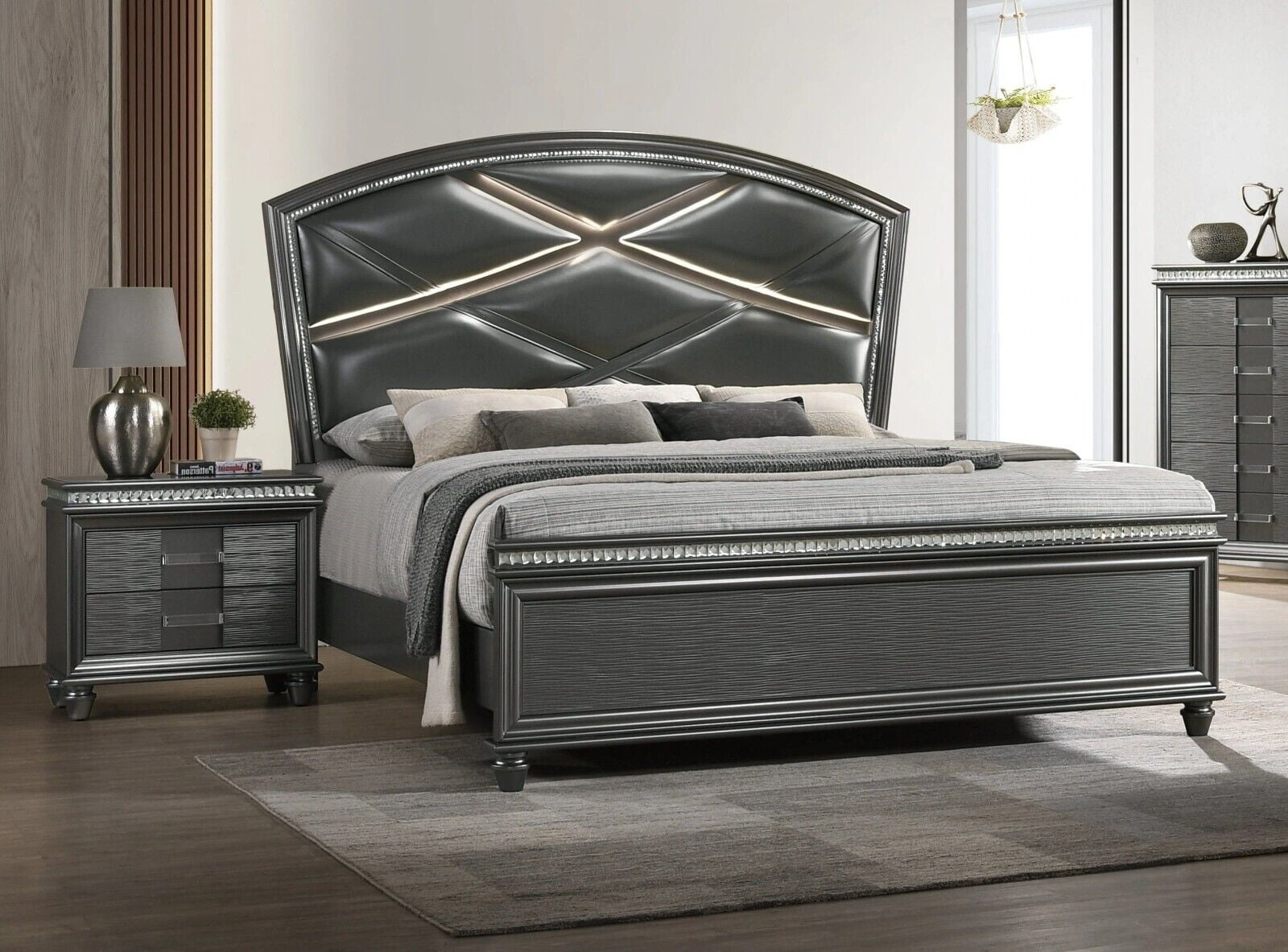 Modern Luxury Glam Style 3pc Bedroom Furniture Set LED Panel Queen Bed ...