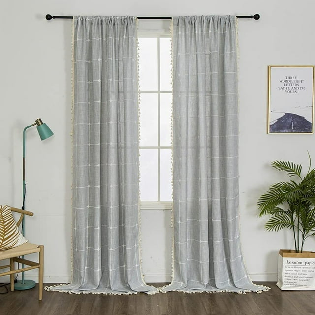 LUXUR Window Curtain Panel Drapes Treatments Boho Grid Curtains Rod ...