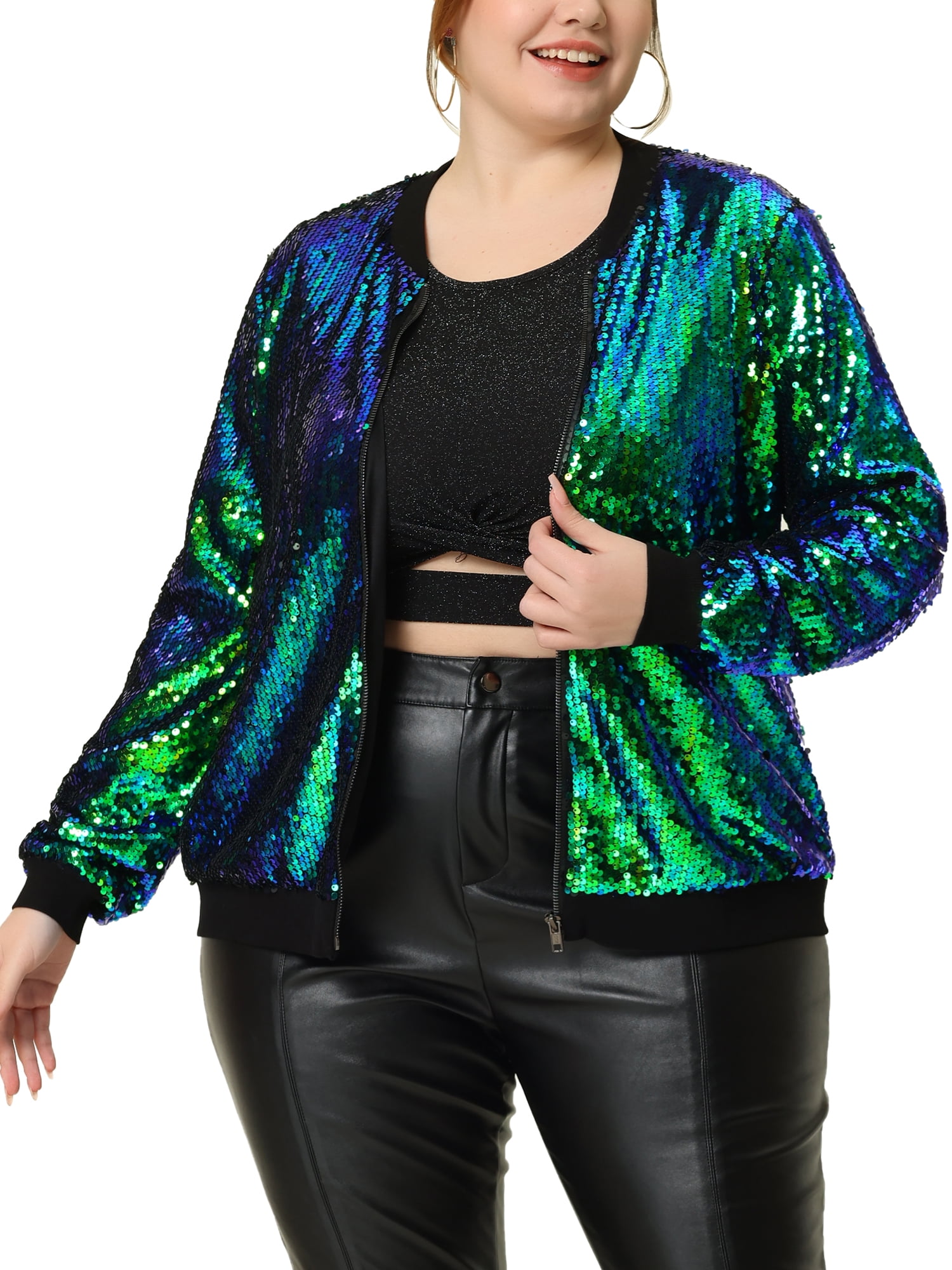Unique Bargains Women's Plus Size Metallic Sequin Sparkle Zip Bomber ...