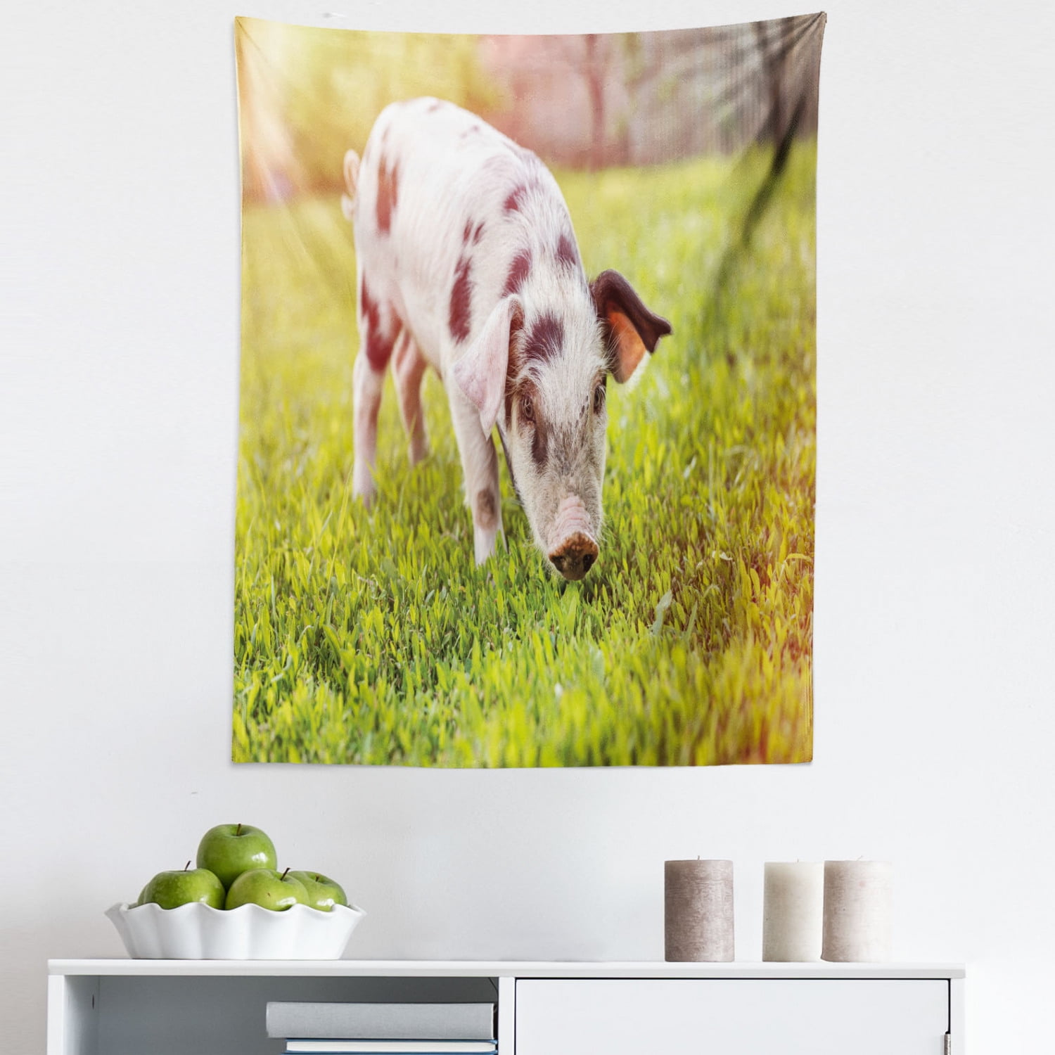 Farm Animal Tapestry, Photo of Little Pig with Spots Walking on Grass ...