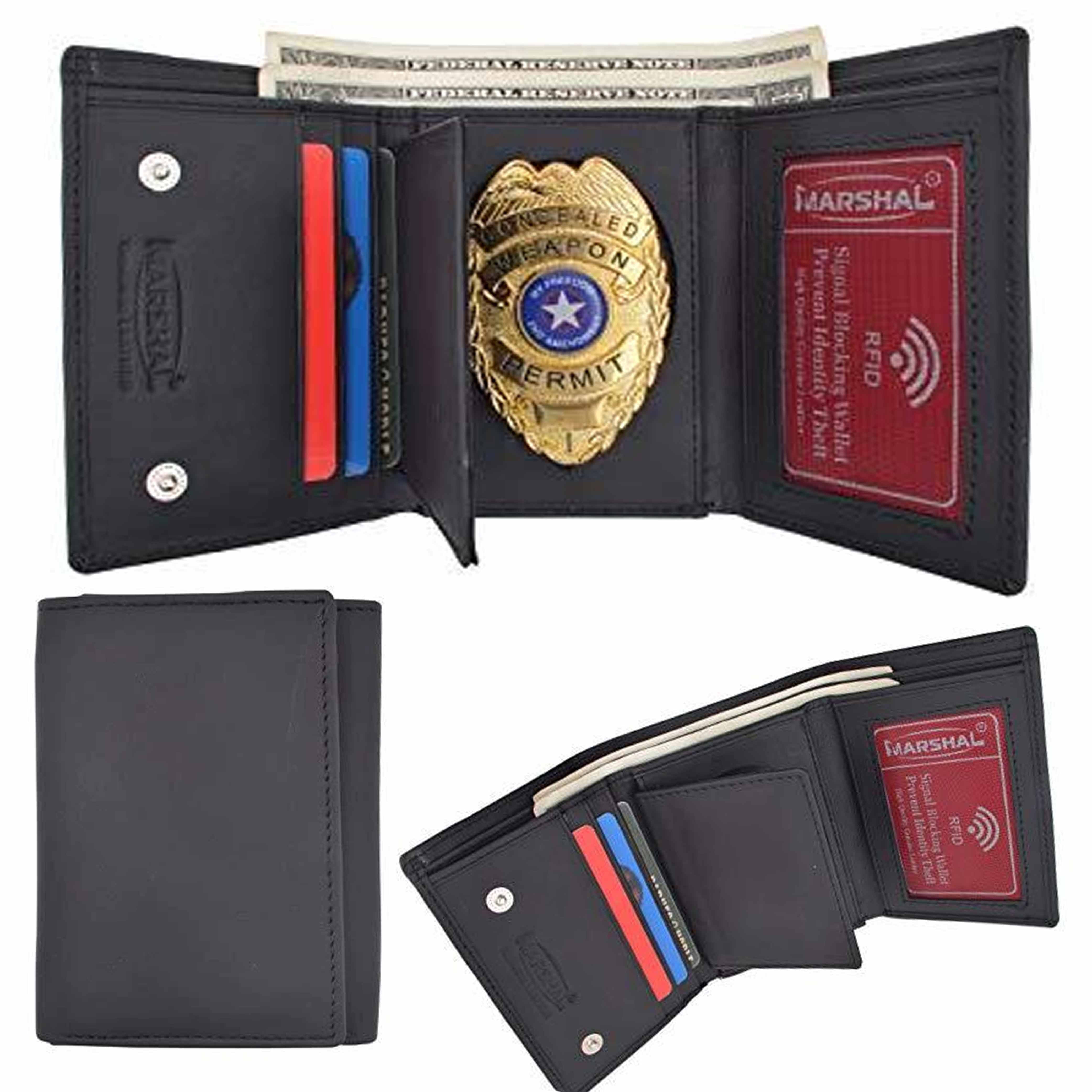 Men's Black Leather Wallet RFID Badge Sheriff Police Shield Security ID ...