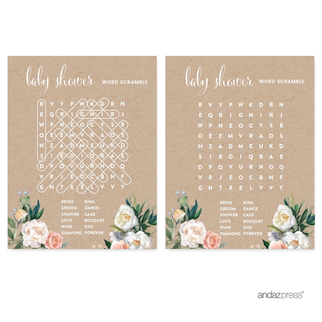 Peach Rustic Floral Garden Party, Word Search Baby Shower Game Cards ...